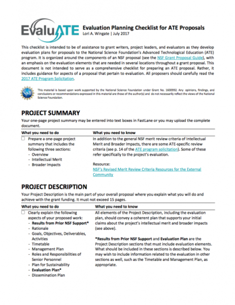 ATE Central - Evaluation Planning Checklist for NSF-ATE Proposals