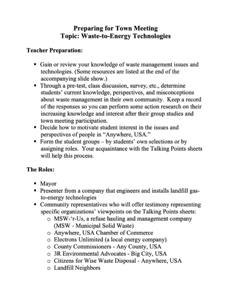 ATE Central - Preparation for Town Meetings: Waste-to-Energy Technologies